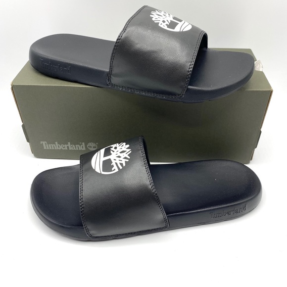Timberland | Shoes | Timberland Black Logo Leather Pool Slides Sandals ...